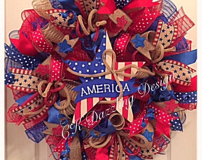 America Patriotic Red Blue and Burlap Star Deco Mesh - Etsy