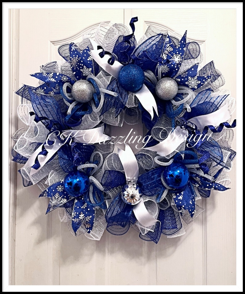 Christmas Blue Silver and White Deco Mesh Wreath/blue and - Etsy