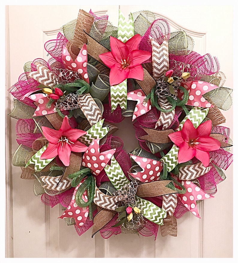 Pink Lily Burlap Deco Mesh Wreath/pink Lily Wreath/lily Burlap - Etsy