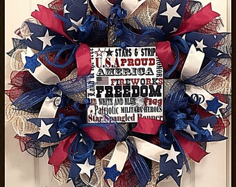 Patriotic Americana Star Deco Mesh Wreath/4th of July | Etsy