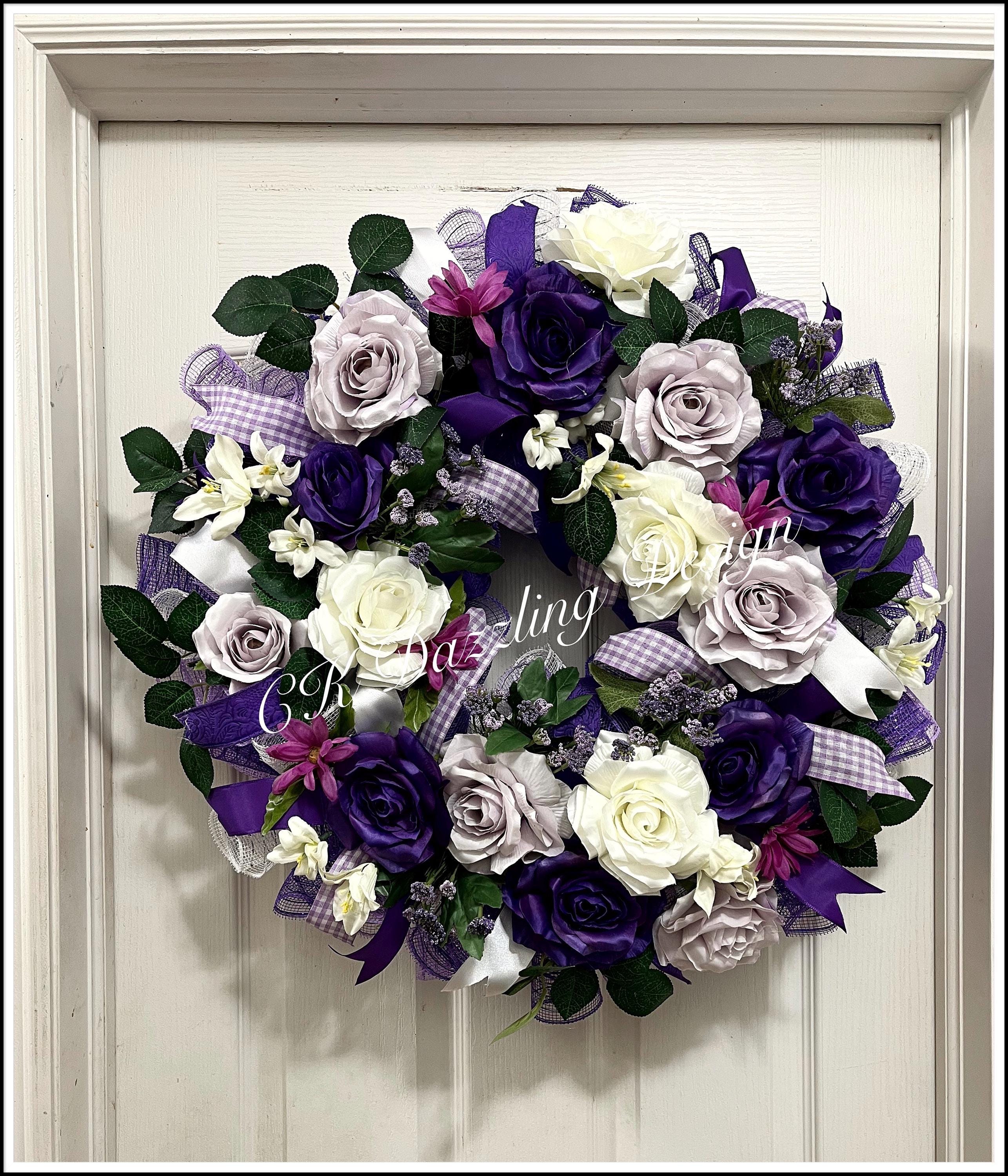 Elegant Lavender Purple Rose Wreath: White Roses, Silk Ribbons, Wedding ...