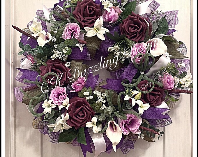 Ready to Ship, Elegant Purple Velvet Rose and White Lily Deco Mesh ...