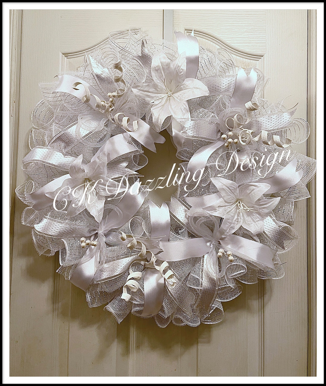 Elegant White Lily Deco Mesh Wreath/white Lily Wreath/lily Wreath ...