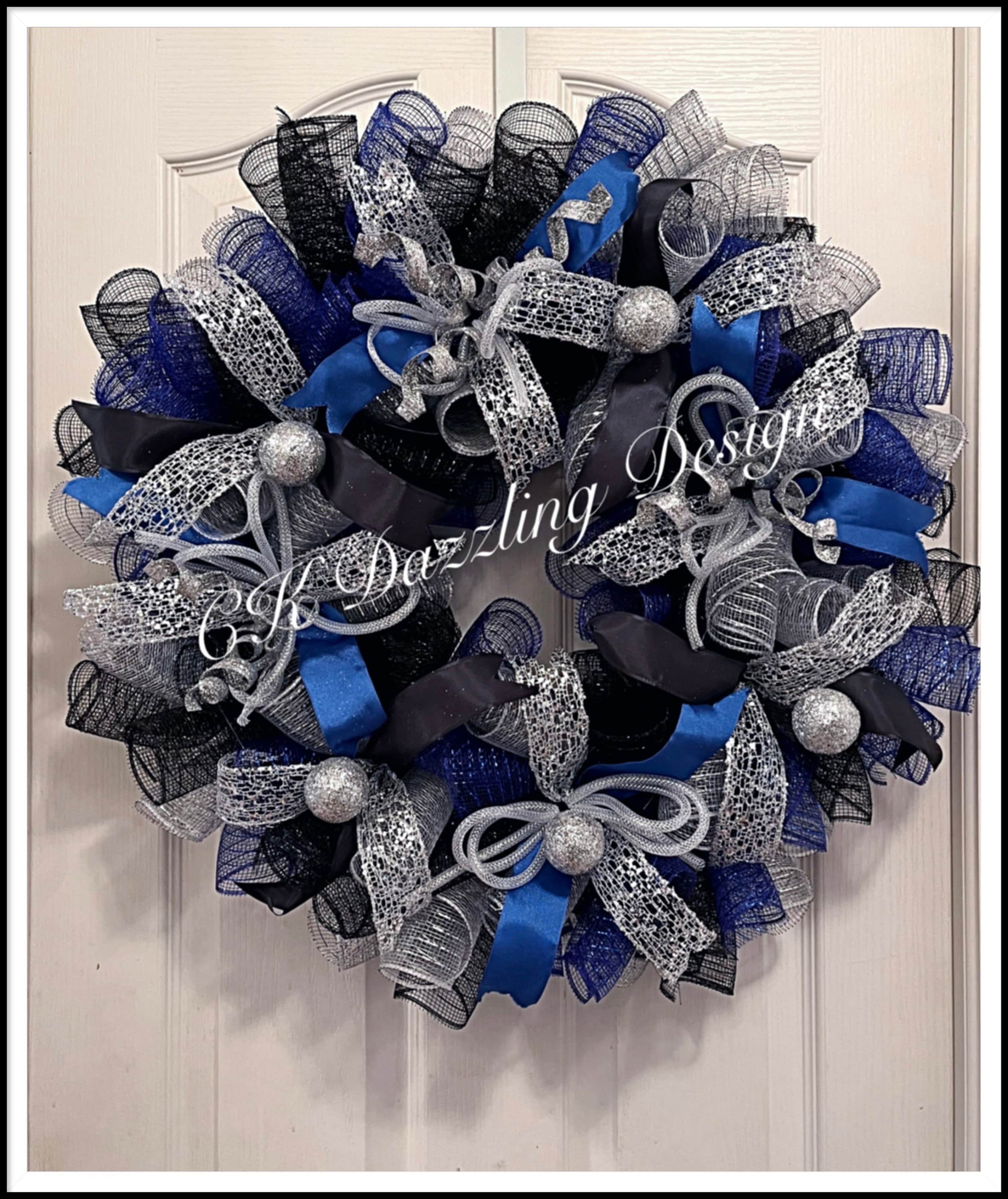 Everyday Blue, Silver and Black Deco Mesh Wreath/blue, Black and Silver ...