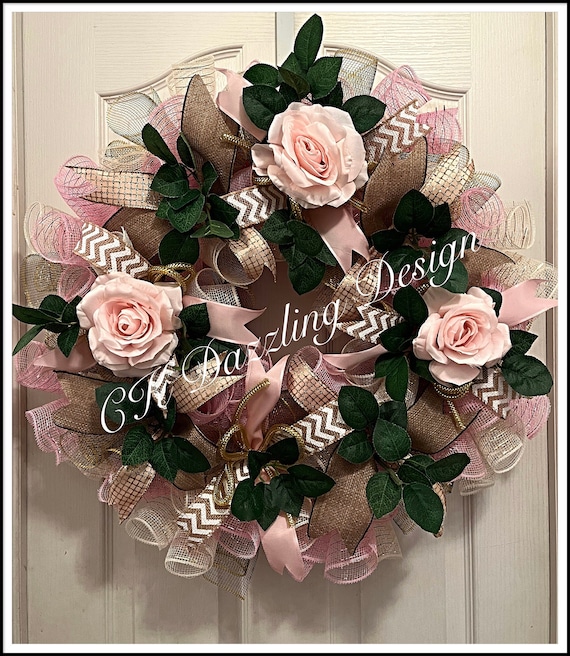 Elegant Soft Pink Rose Floral Deco Mesh Wreath/pink Cream - Etsy