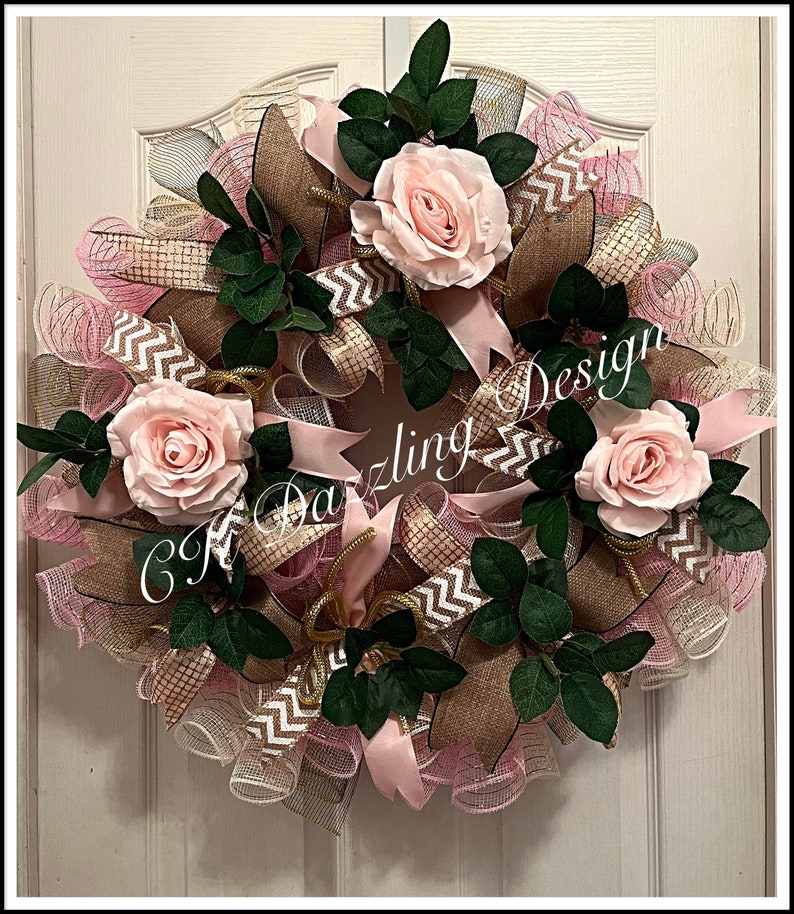 Elegant Soft Pink Rose Floral Deco Mesh Wreath/pink, Cream, Moss Green ...