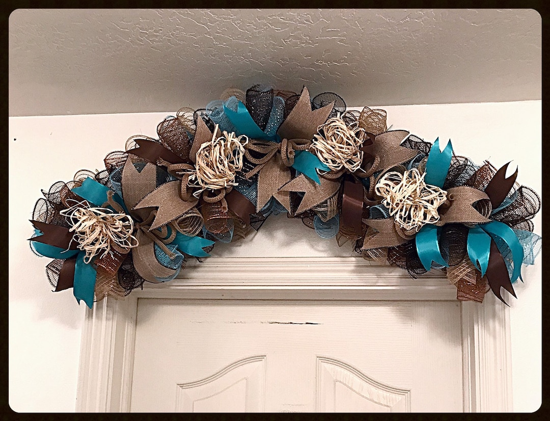 36" Southwest Turquoise Chocolate and Burlap Deco Mesh Swag/turquoise ...