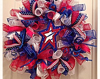 Patriotic Americana Star Deco Mesh Wreath/4th of July | Etsy