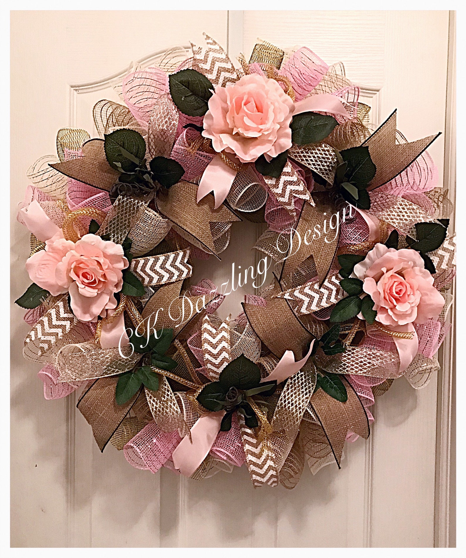 Elegant Soft Pink Rose Floral Deco Mesh Wreath/Pink Cream | Etsy