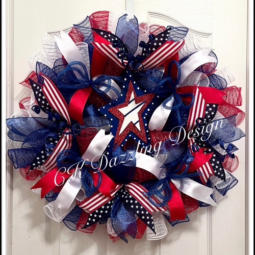 Patriotic Red White and Blue Star Deco Mesh Wreath/4th of - Etsy