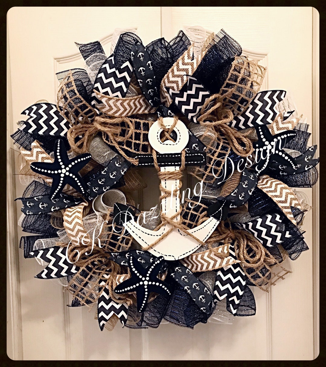 Nautical Anchor Wreath: Burlap & Navy Deco Mesh, Starfish Decor - Etsy