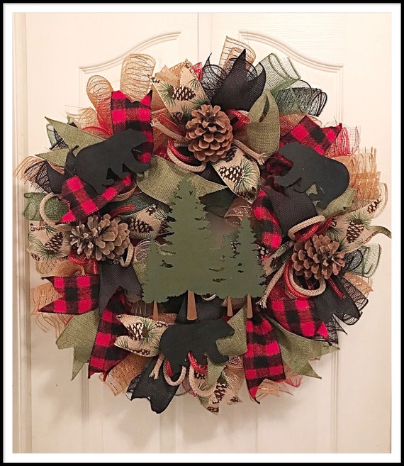 Blackbear Rustic Buffalo Plaid Deco Mesh Wreath/bear | Etsy