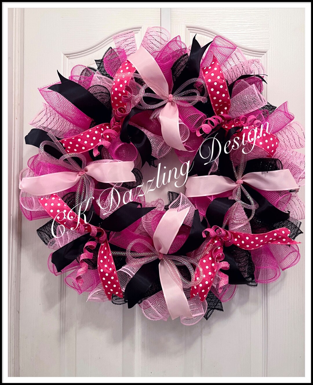 Pink Poke A Dot Deco Mesh Wreath/pink and Black Wreath/everyday Pink ...