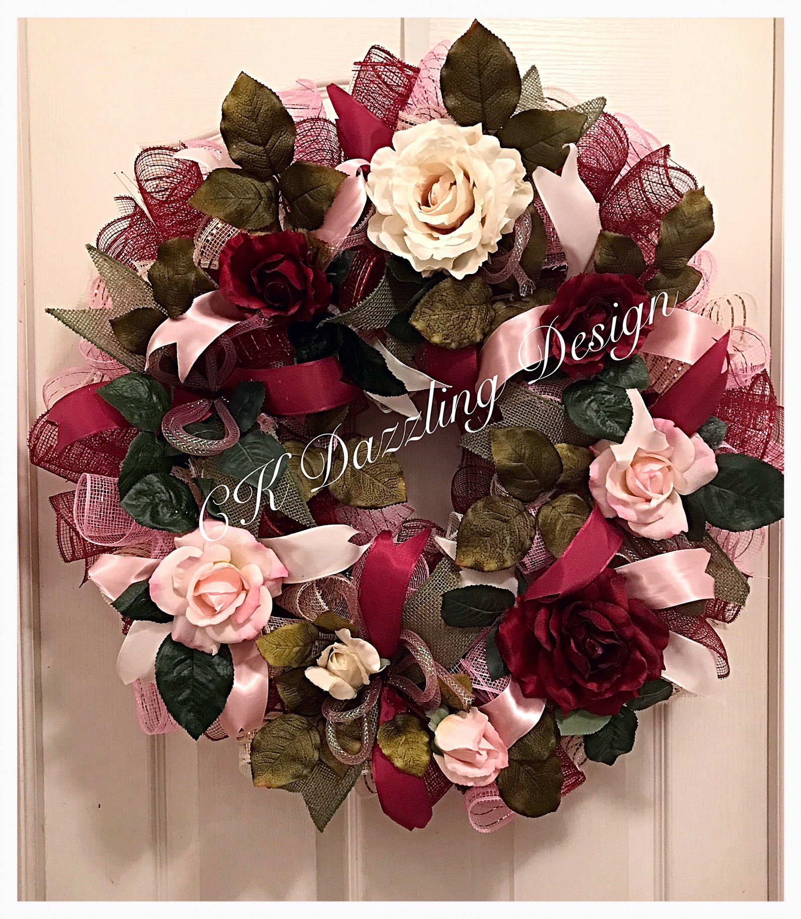 Elegant Rose Deco Mesh Wreath/mothers Day Burgundy Pink and - Etsy