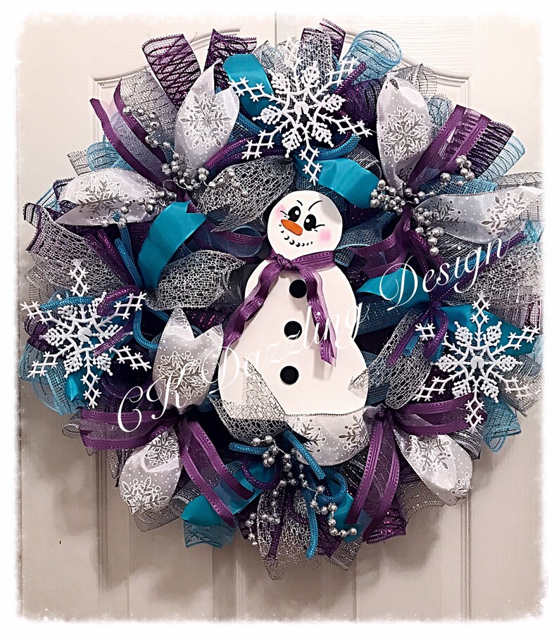 Winter snowman purple turquoise and silver deco mesh | Etsy