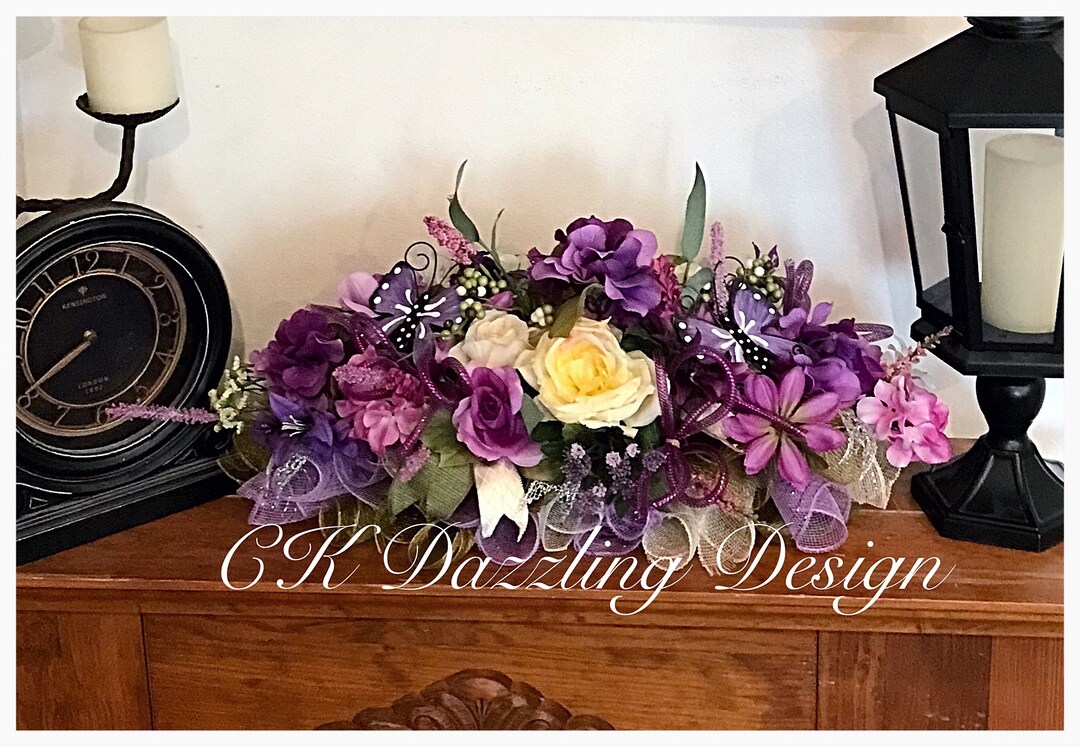 24” Purple Butterfly Floral Deco Mesh Arrangement/purple Arrangement ...