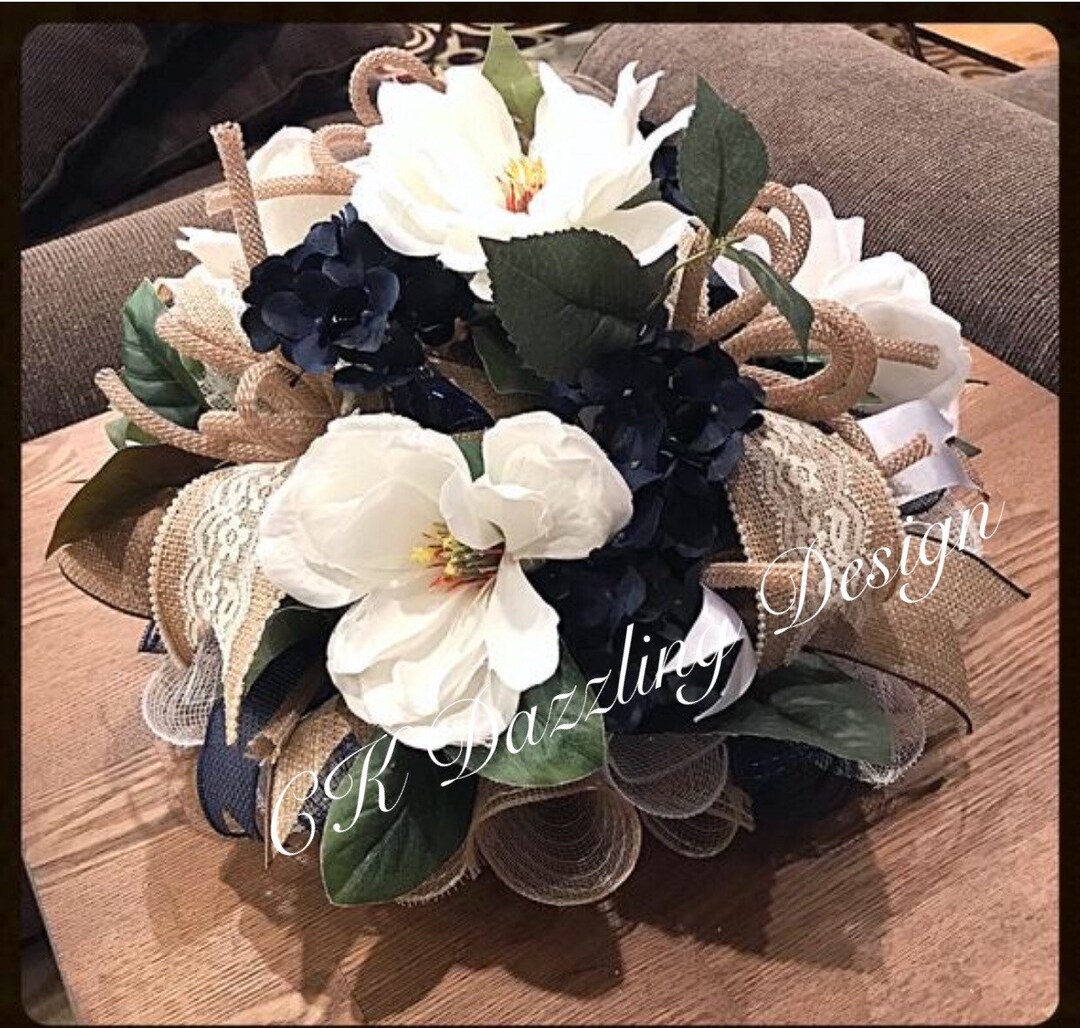 16” Magnolia and Hydrangea Deco Mesh Arrangement/magnolia Table ...