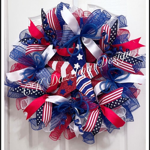 Patriotic Red White and Blue Star Deco Mesh Wreath/4th of - Etsy