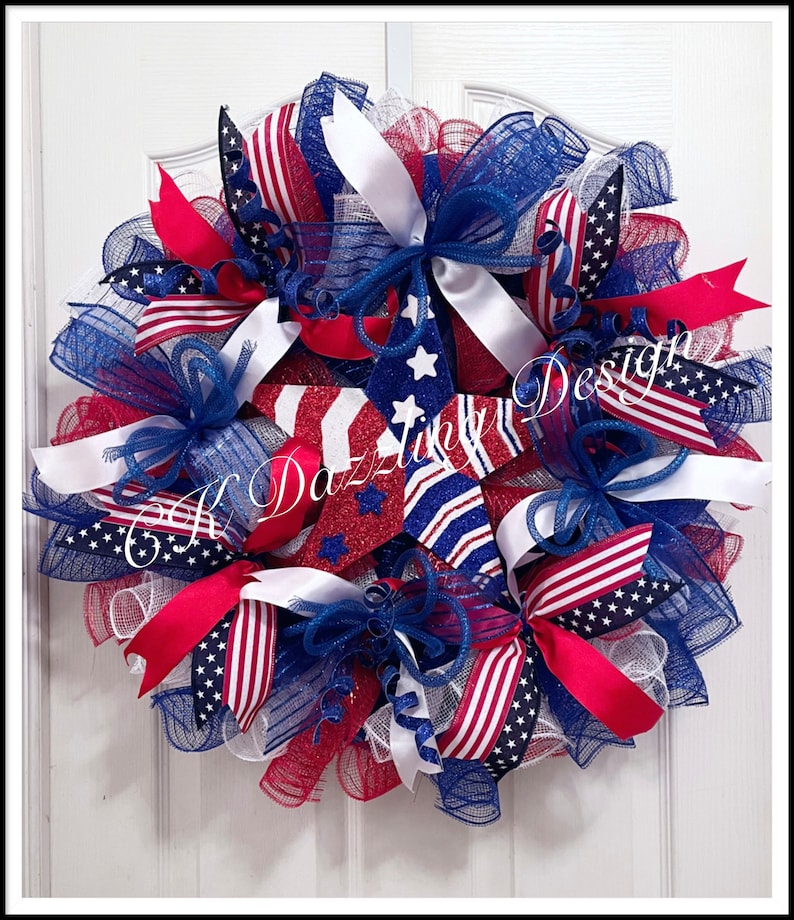 Patriotic Red White and Blue Star Deco Mesh Wreath/4th of - Etsy