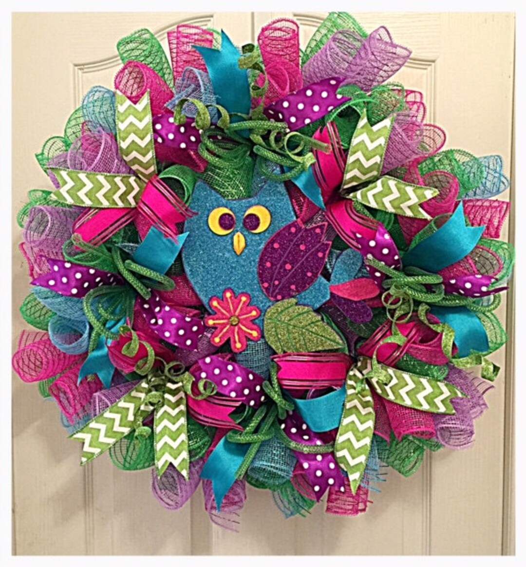 Owl Deco Mesh Wreath/spring Owl Wreath/owl Wreath/turquoise, Pink, Lime ...
