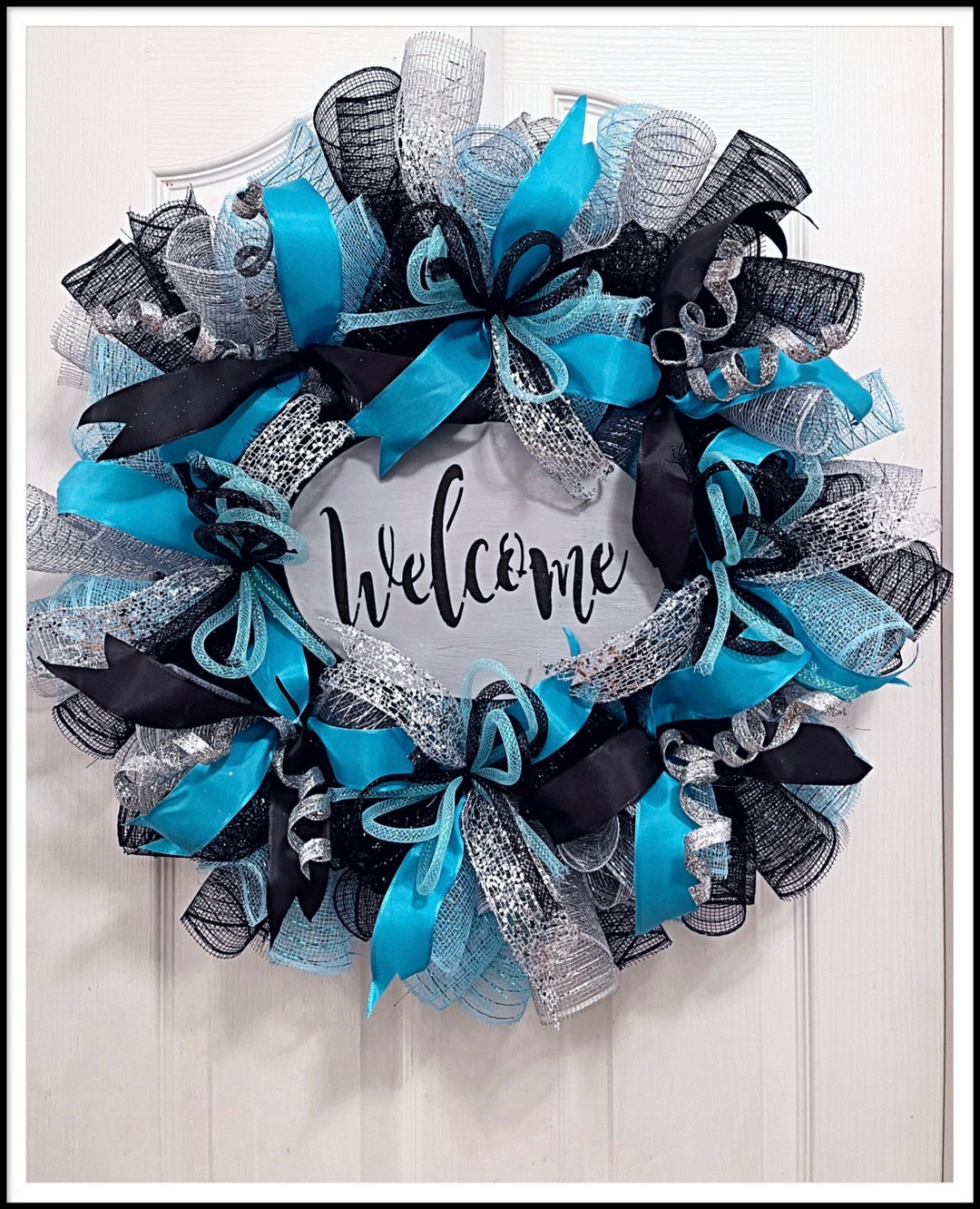 Welcome Turquoise Black and Silver Deco Mesh Wreath/welcome Wreath ...
