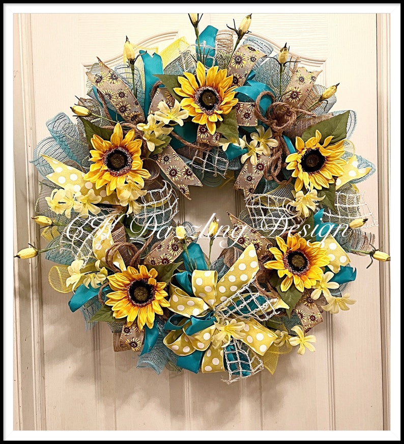Sunflower Turquoise and Yellow Deco Mesh Wreath/sunflower - Etsy