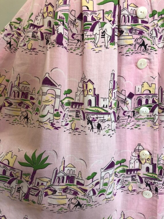 Vintage 1940's Mexican Pueblo Border Print A Line Ski… - Gem