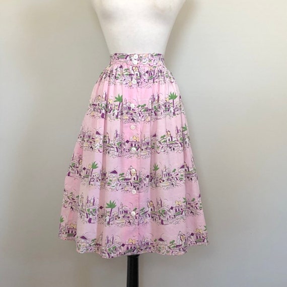 Vintage 1940's Mexican Pueblo Border Print A Line Ski… - Gem