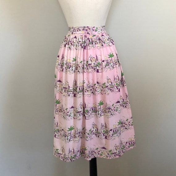 Vintage 1940's Mexican Pueblo Border Print A Line Ski… - Gem