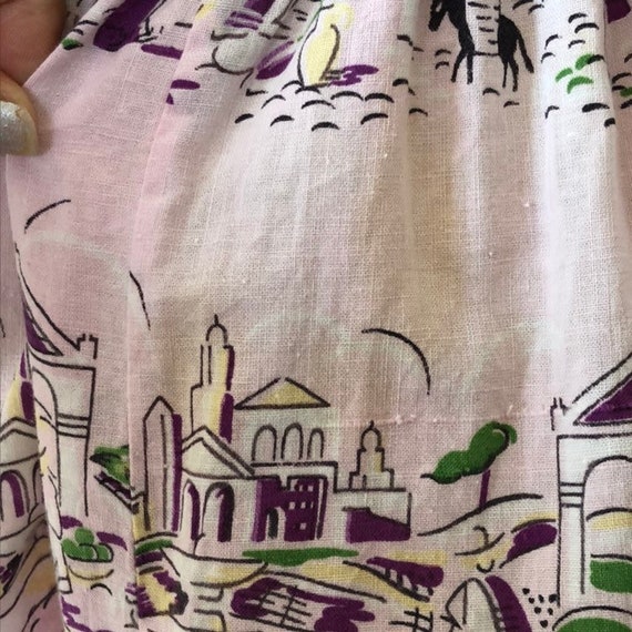 Vintage 1940's Mexican Pueblo Border Print A Line Ski… - Gem