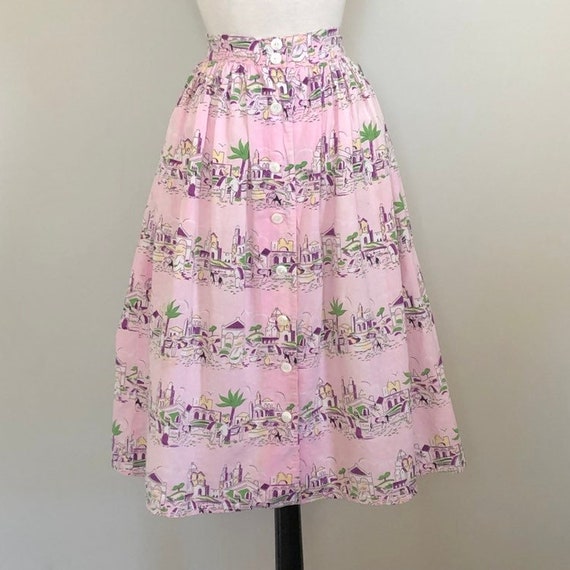 Vintage 1940's Mexican Pueblo Border Print A Line Ski… - Gem