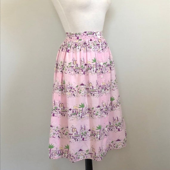 Vintage 1940's Mexican Pueblo Border Print A Line Ski… - Gem