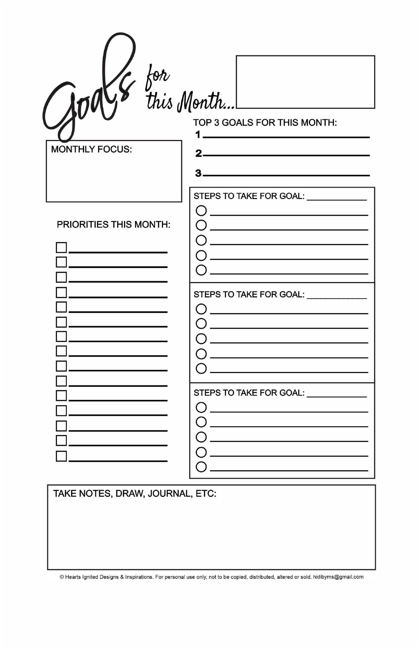 Fancy Script Monthly Goals Planner Page - Classic (half Size 8.5 X 5.5 ...