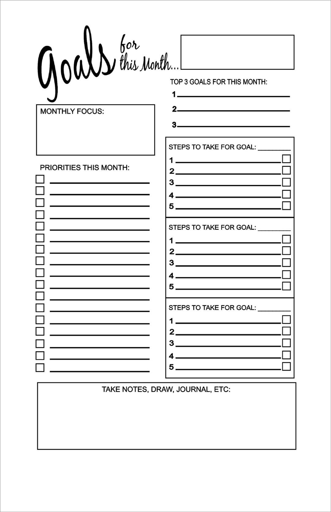 Monthly Goals Planner Page - Classic (half Size 8.5 X 5.5) - Etsy