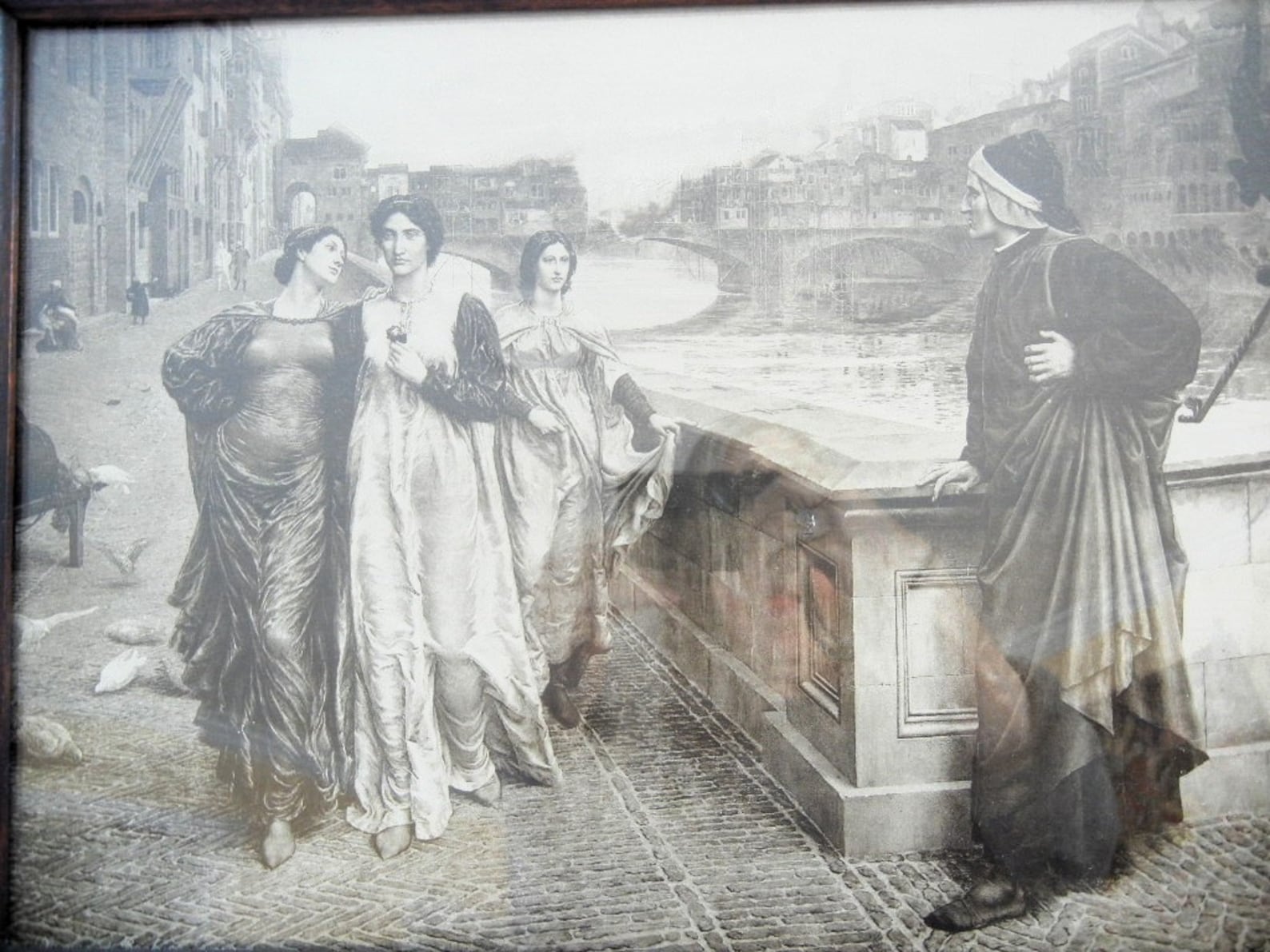 Antique Etching: Dante and Beatrice, Ponte Vecchio, Florence, C. 1883 ...