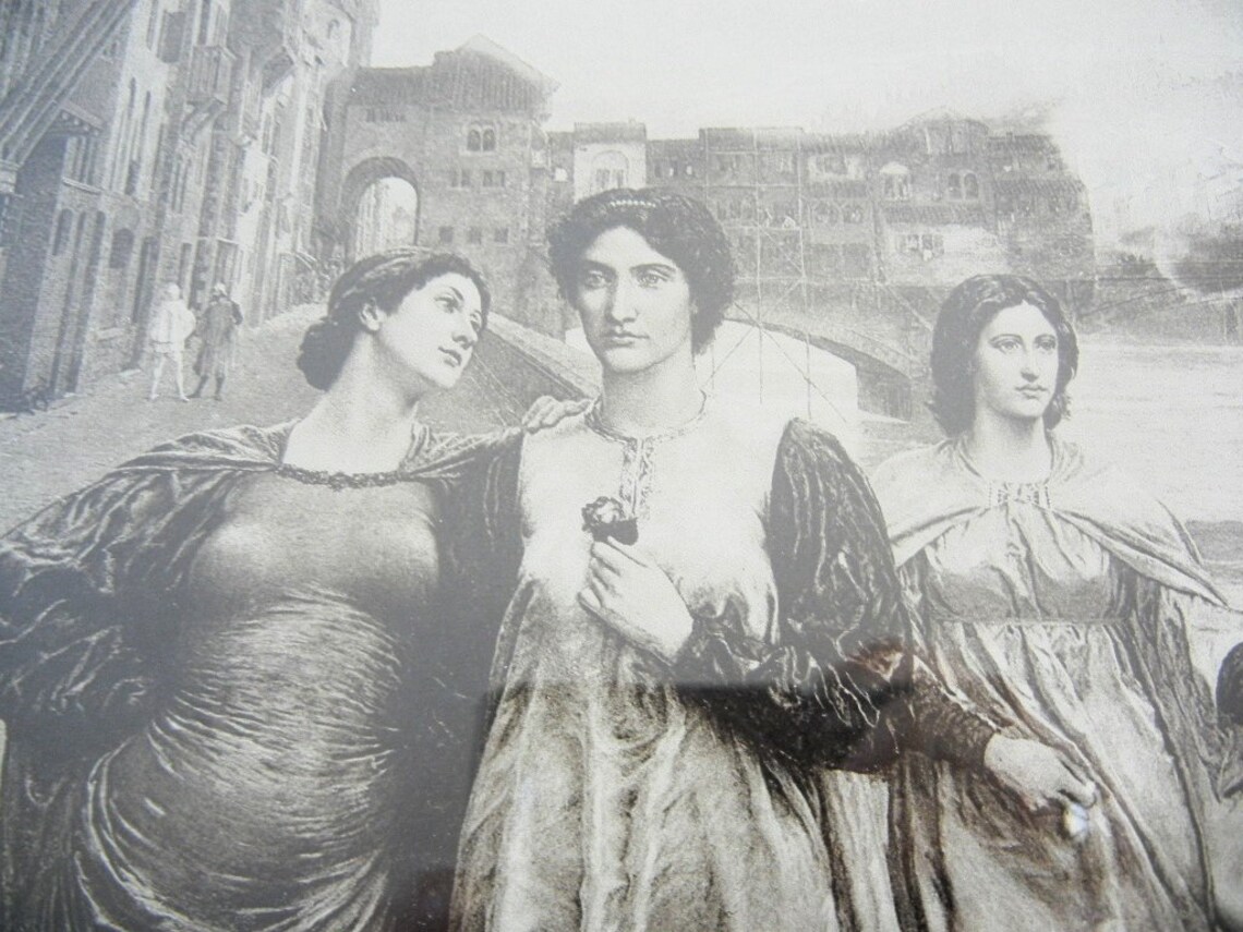 Antique Etching: Dante and Beatrice, Ponte Vecchio, Florence, C. 1883 ...