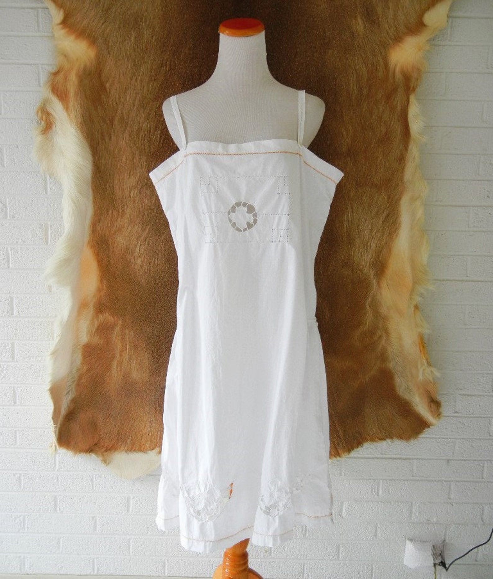 Antique Italian Cotton Muslin Nightgown or Slip, Embroidered Cutwork, C ...