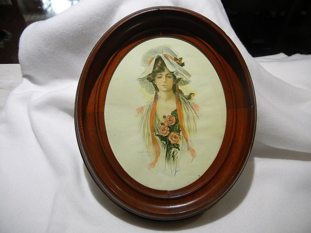 Antique Print and Walnut Frame, Beautiful Woman by Artist Archie Gunn ...