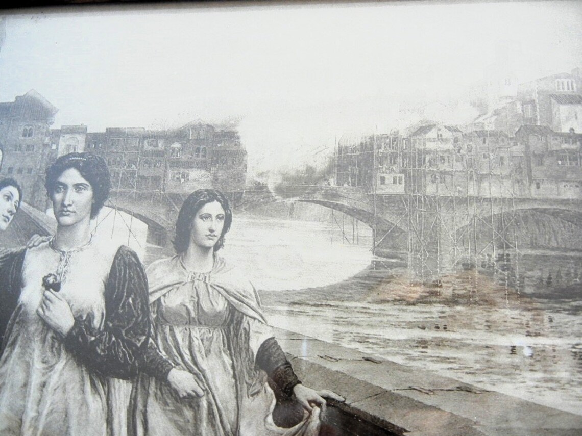 Antique Etching: Dante and Beatrice, Ponte Vecchio, Florence, C. 1883 ...