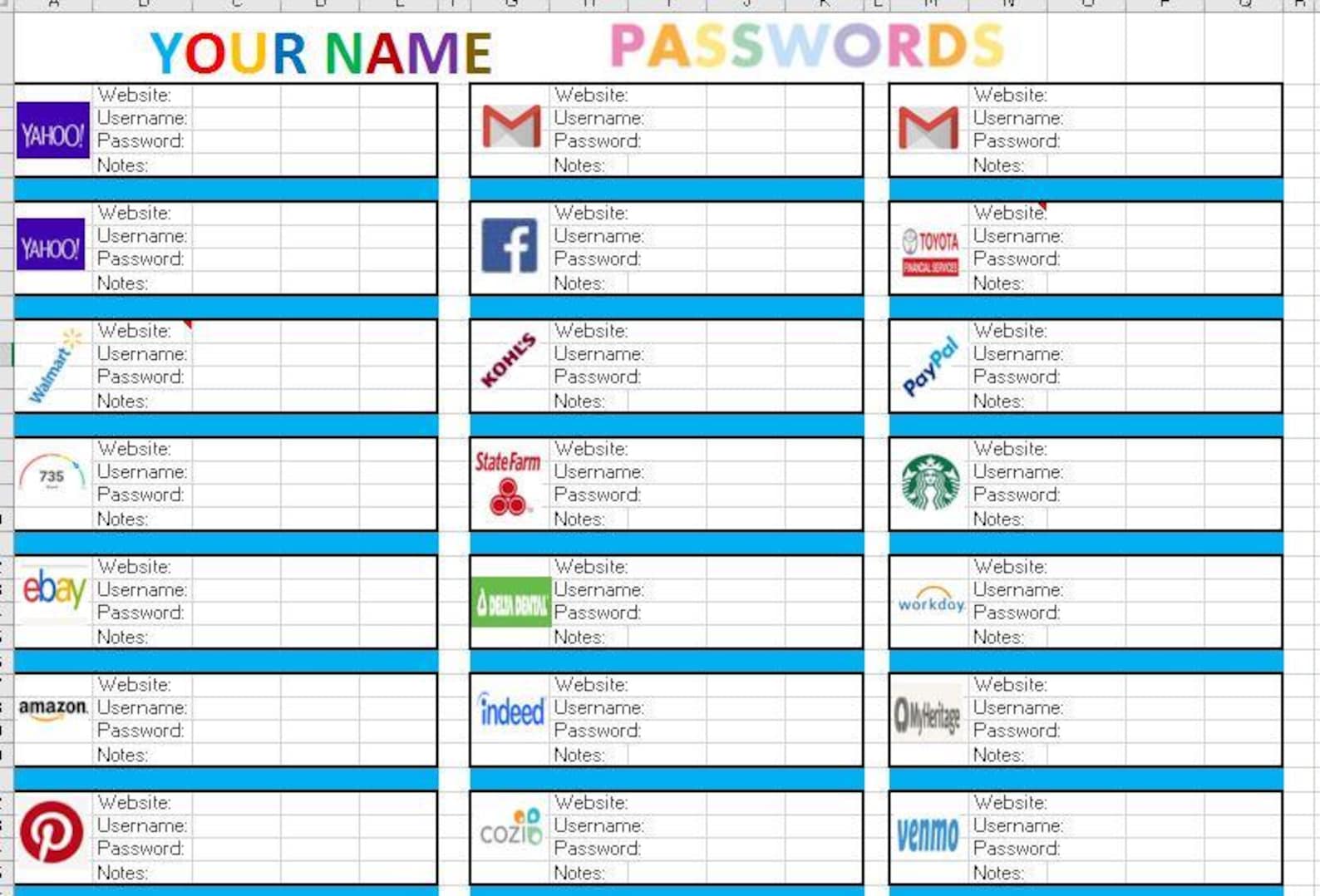 Excel Password Log - Download Now - Etsy