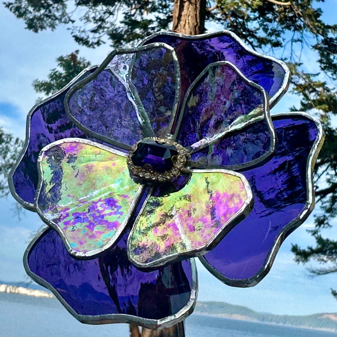 Floral Garden Stake Stained Glass Yard Art, Floral Stained Glass ...