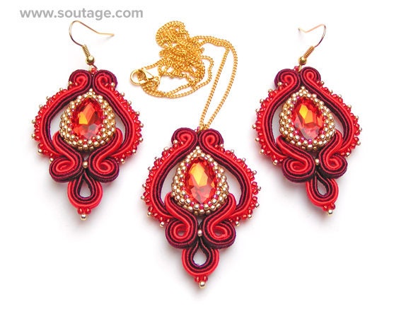 Sauron Eye Soutache Set Soutache Pendant Soutache Earrings Red Earrings Red Pendant Beading ...