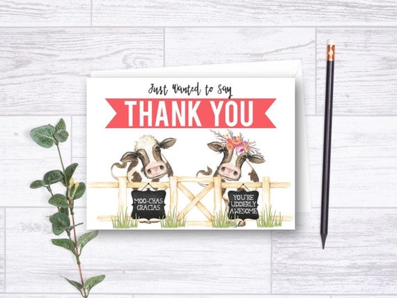 DOWNLOADABLE Cow Thank You Card Cow Birthday Thank You Farm | Etsy