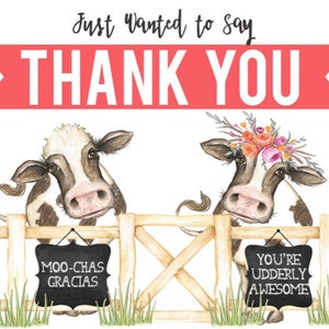 DOWNLOADABLE Cow Thank You Card, Cow Birthday Thank You, Farm Birthday ...