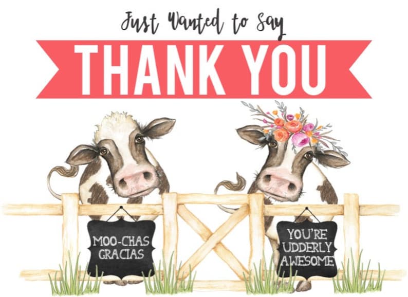 DOWNLOADABLE Cow Thank You Card Cow Birthday Thank You Farm | Etsy
