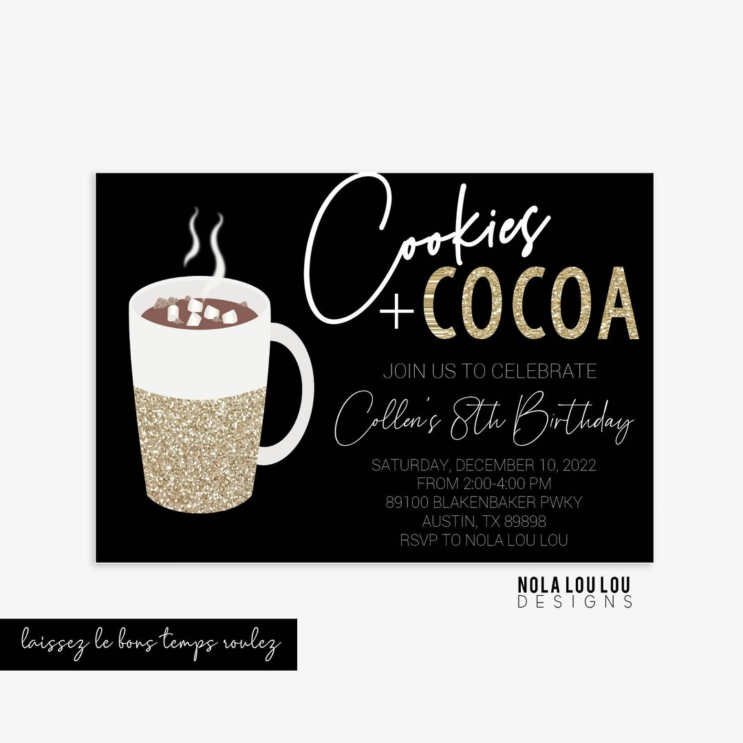 Cookies and Hot Cocoa, Kid Holiday Birthday Invitation, Hot Chocolate ...