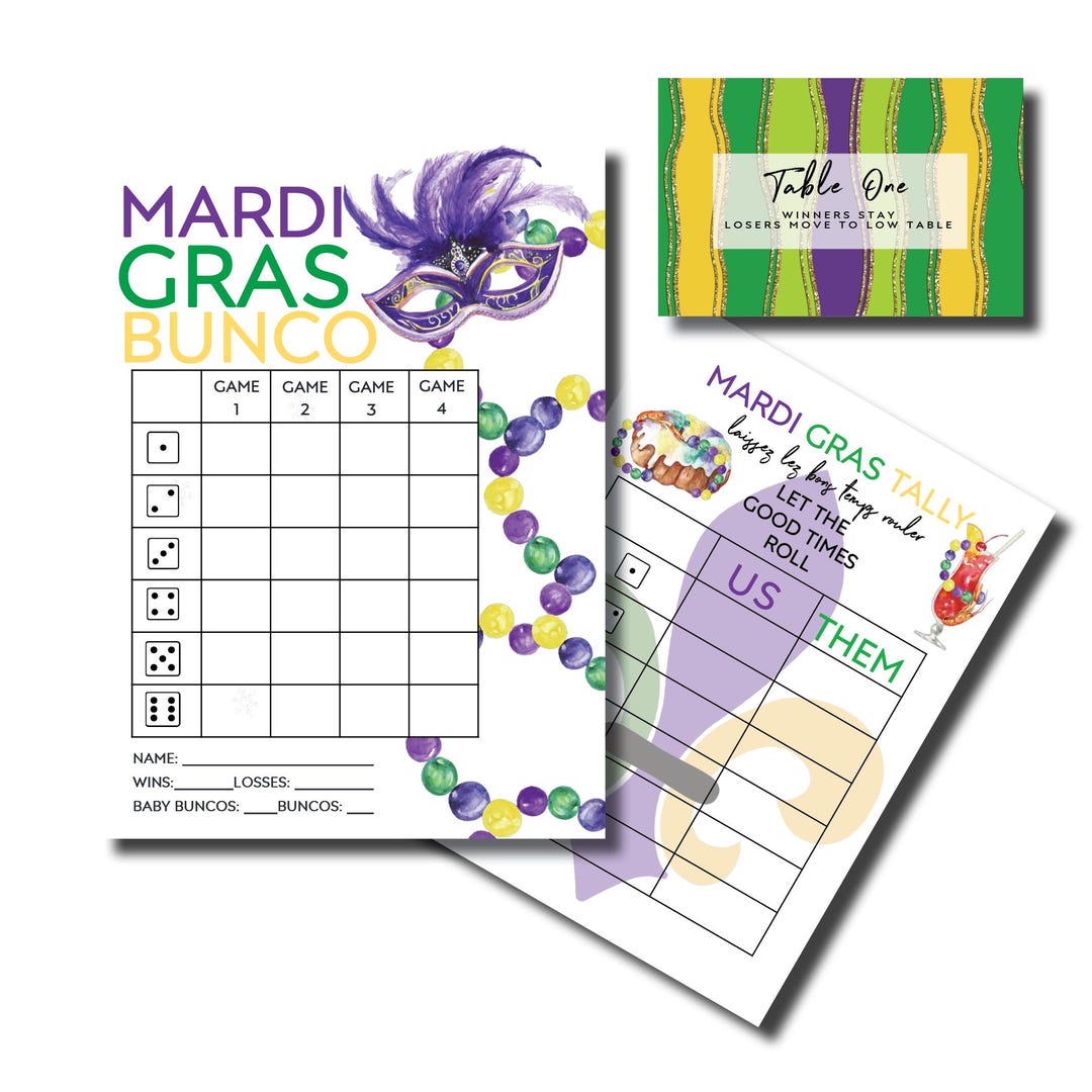 Mardi Gras Bunco Printable Game: Score Cards & Tally Sheets (instant ...