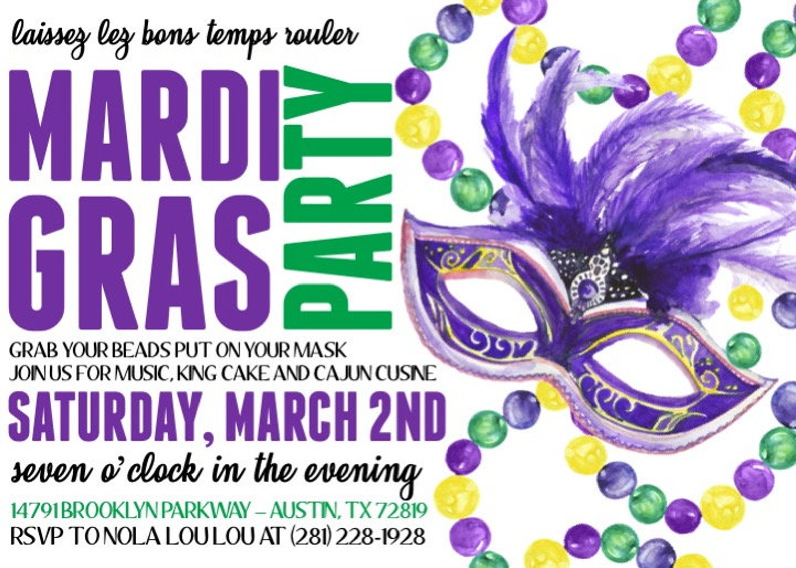 Mardi Gras Party Invitation Fat Tuesday Invitation King Cake - Etsy