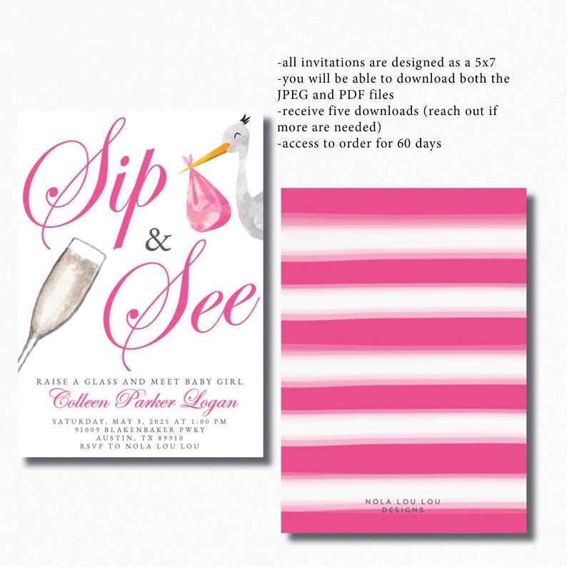 Stork Sip and See Invitation: Baby Girl Meet & Greet (INSTANT DOWNLOAD ...