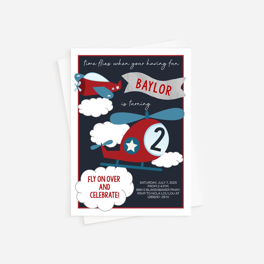 Corjl Boy Birthday Invitation, Helicopter Theme, Airplane Theme Party ...